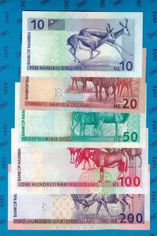Namibia, Set 5 PCS(10.20.50.100.200 Dollars), UNC Original Banknotes ...