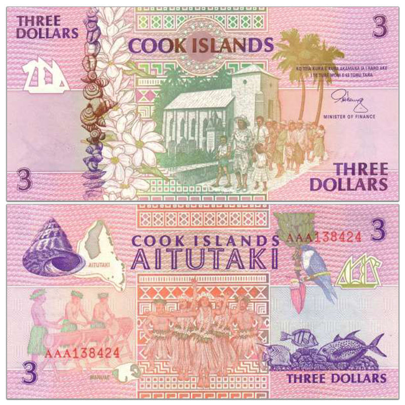 Cook Islands 3 Dollars, 1992, P-7, UNC Aitutaki original real world b ...