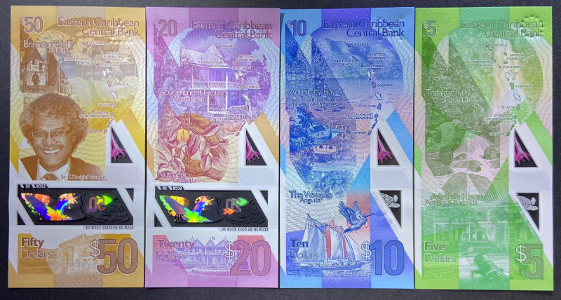 Eastern Caribbean, Set 4 PCS Banknotes, 5 10 20 50 Dollars, 2019, UNC ...