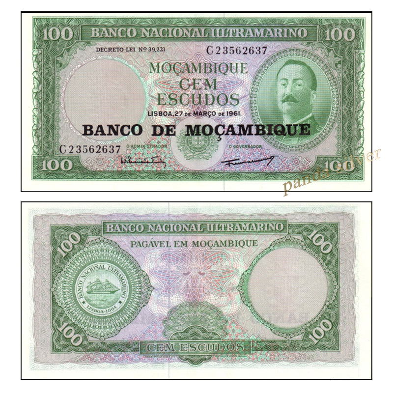 Mozambique 100 Escudos 1961 (1976) P-117 UNC note original – Panda Banknote