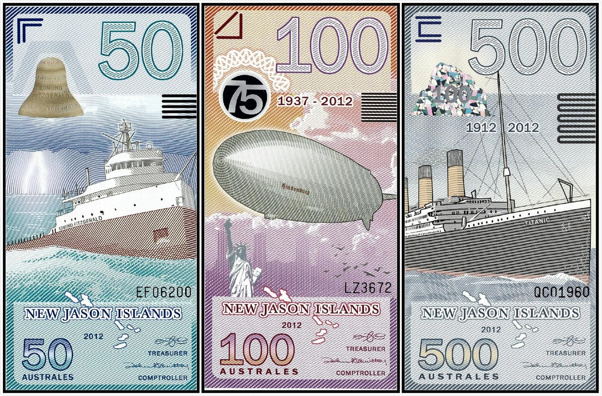 New Jason Islands, set 3 pcs notes, 50 100 500 Australes, 2012, POLYM ...