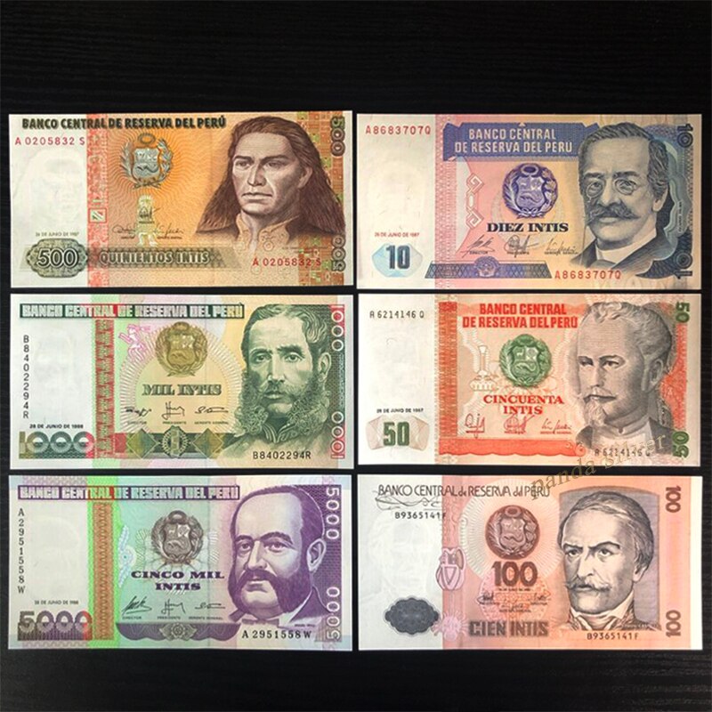 Peru set 6 pcs banknotes ( 10.50.100.500.1000.5000 Intis ) UNC origin ...