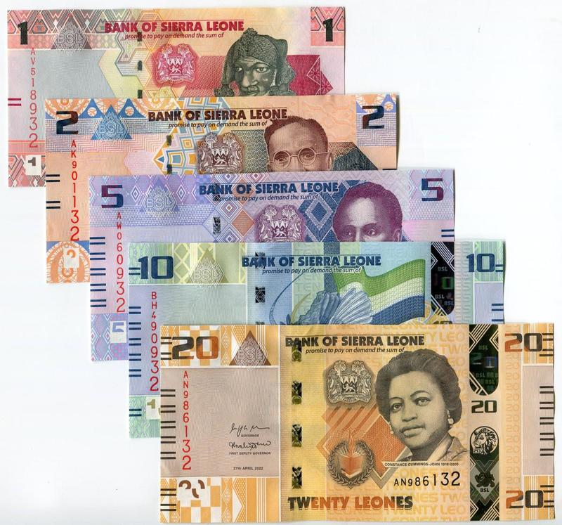 Sierra Leone, Set 5 PCS, 1-20 Leone Banknotes, 2022 P-New, UNC Original ...